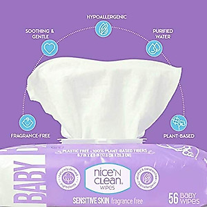 Nice 'n CLEAN Skin Care Baby Wipes Unscented 56ct (6-Pack) | Ideal for Sensitive Skin | Hypoallergenic, Plastic-Free, Plant-Based Wet Wipes