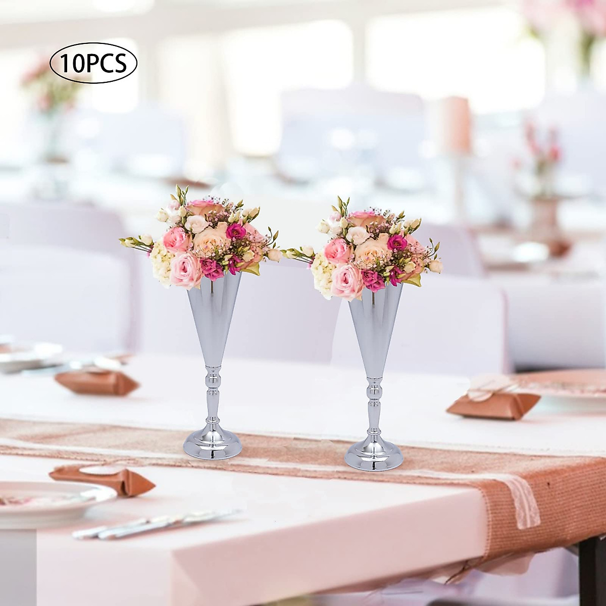 10Pcs Silver Vase Centerpiece Table Decorations, Tabletop Flower Stand, Wedding Decorations for Reception, 36cm/14 Tall Trumpet Tall Flower Vase for Birthday, Anniversary(10Pcs,12 * 36cm/4.7 * 14in)