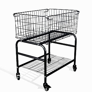 Rolling Laundry Basket on Wheels,Garment Storage Cart,Black Metal Basket with wheels, Color Black,Garment Metal Rack(1, Black)