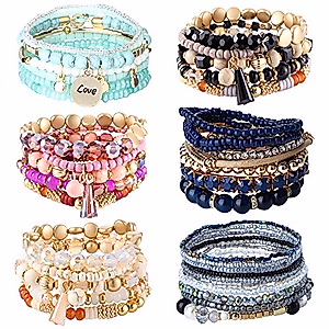 SAILIMUE 6 Sets Bohemian Stackable Bead Bracelets for Women Men Stretch Multilayered Bangles Bracelet Set Boho Multicolor Jewelry