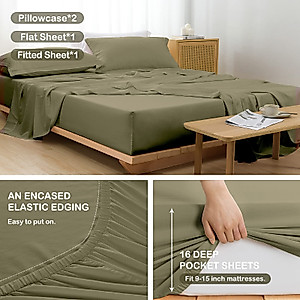 Olive Green Linen-Textured Bed Sheets Set, Bamboo Rayon , Cotton , Linen Blend Bed Sheets Full Size, Soft Cool & Breathable for Hot Sleepers,Durable Natural Organic Bed 15'' Deep Pocket - 4 Piece