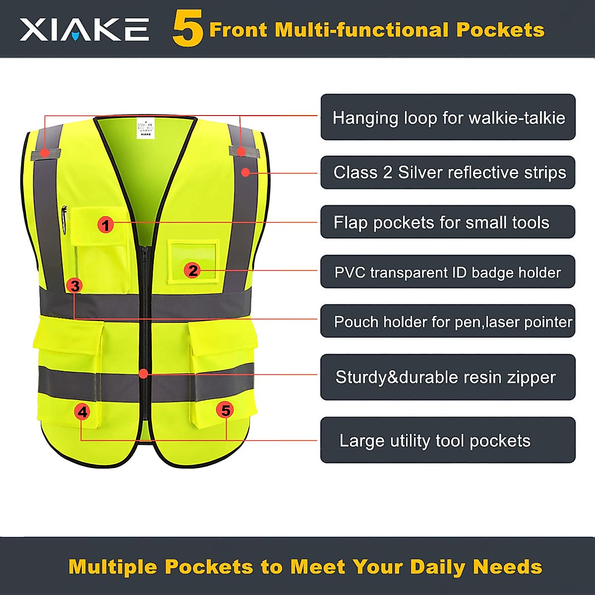 XIAKE 5 Pockets High Visibility Reflective Safety Vest for Men and Women Work Construction Vest(X-Large,Yellow)