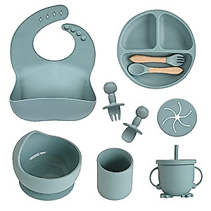 10pcs Baby Feeding Set | Baby Led Weaning Utensils | Includes Suction Bowl and Plate | Baby Feeding Supplies Set | 100% Food Grade BPA Free | Silicone Baby Bib, Spoon, Fork, Sippy Cup (blue)