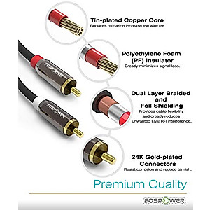 FosPower (2 Pack 2 RCA M/M Stereo Audio Cable [24K Gold Plated | Copper Core] 2RCA Male to 2RCA Male [Left/Right] Premium Sound Quality Plug - 3FT