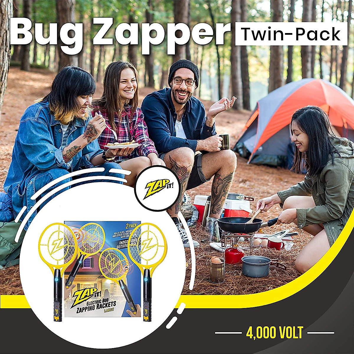 ZAP iT! Electric Fly Swatter Racket, Mosquito & Fly Zapper Racket - High Duty 4,000 Volt Electric Handheld Bug Zapper Racket - Fly Killer USB Rechargeable Indoor Safe - 2 Pack (Large, Yellow)