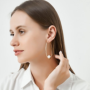 HUONGWIN Large Silver Pearl and 14k Gold Plated Hoop Earrings for Women