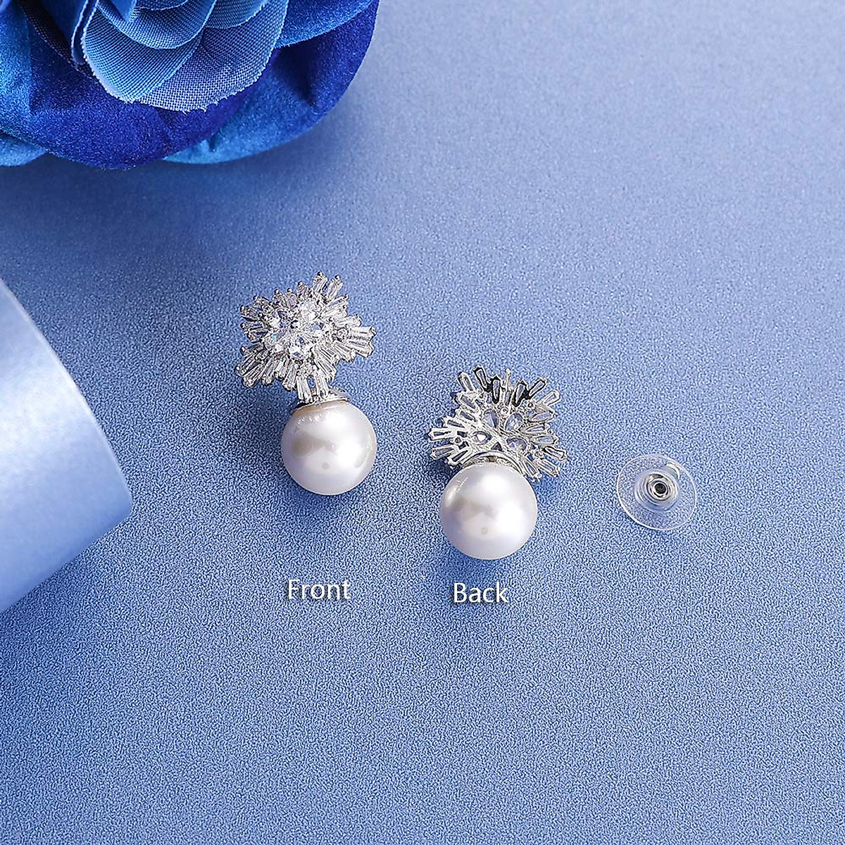 925 Sterling Silver Cubic Zirconia Stud Earrings for Women, Snowflake Pearl Rhinestone Earrings Luxury Bridal Flower Fashion Jewelry