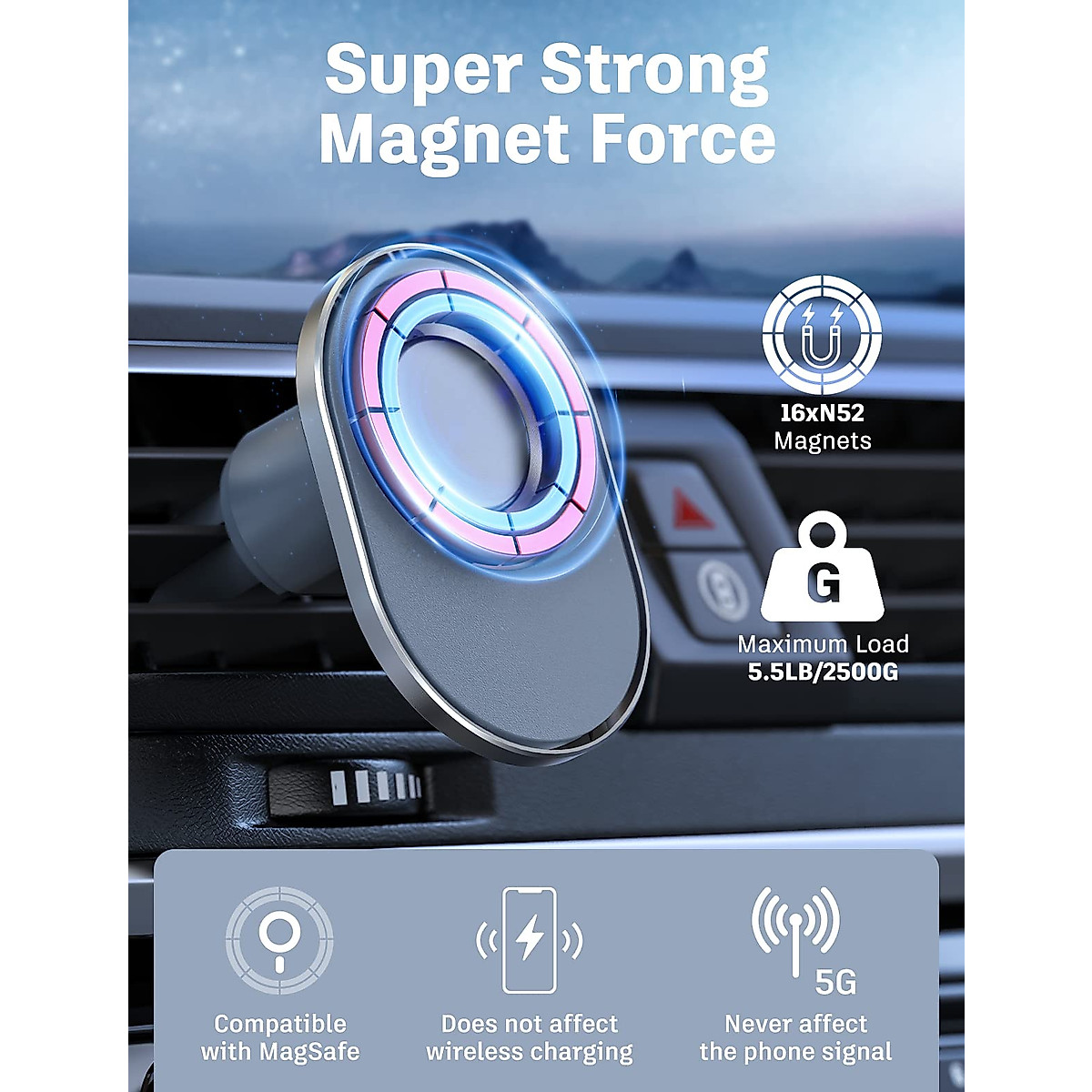 Hinyx MagSafe Car Mount-Strongest Magnet Power, Magnetic Phone Holder for Car Easily Install Air Vent Phone Mount for iPhone 15/14/13/12 Pro Max Mini Plus MagSafe Case & All Phones, with Metal Ring