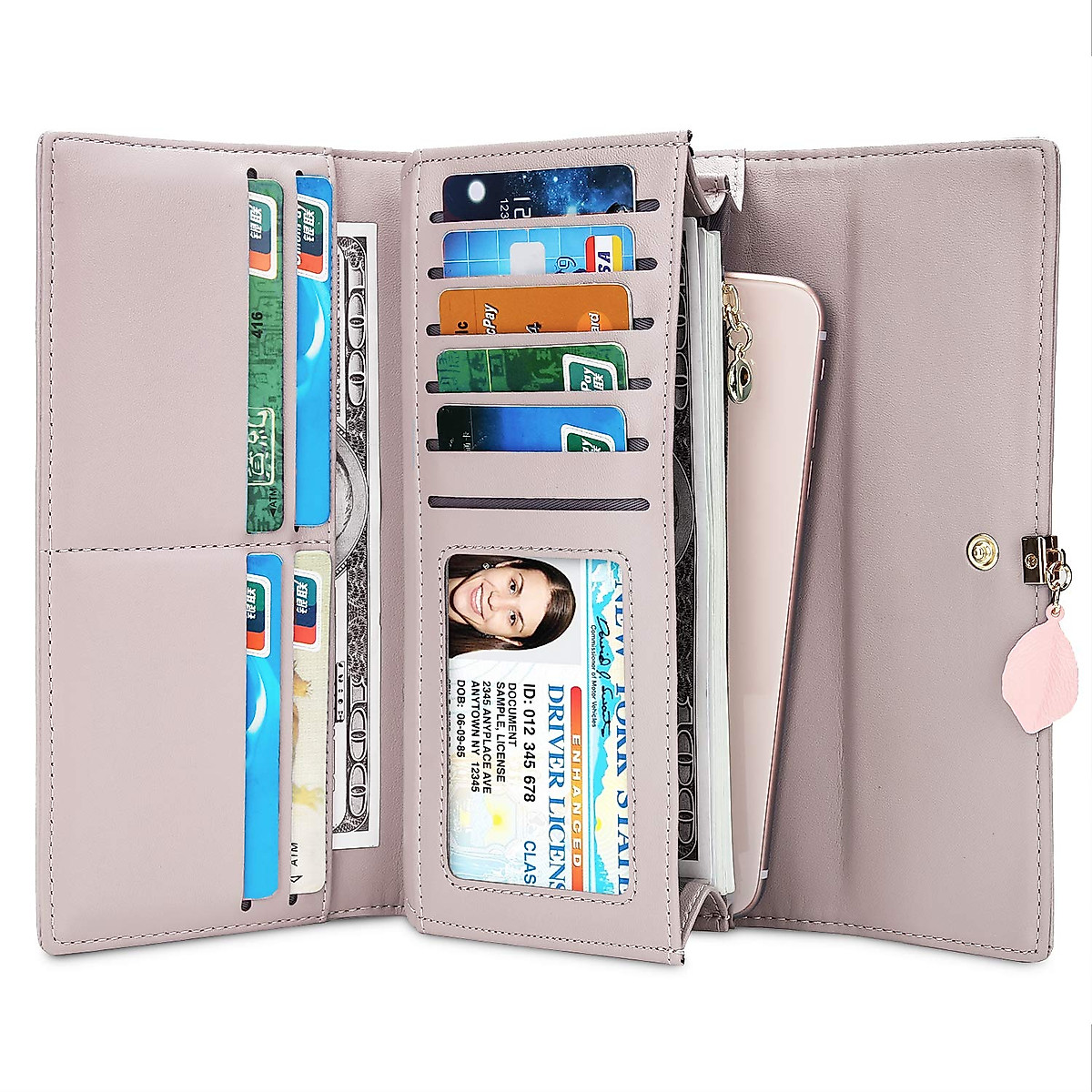 YALUXE Wallet for Women RFID Blocking Genuine Leather Leaf Pendant Snap Card Holder Organizer Zipper Coin Purse