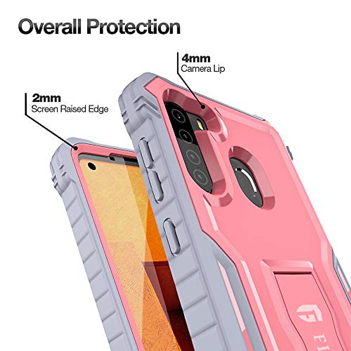 FITO Samsung Galaxy A21 Case, Dual Layer Shockproof Heavy Duty Case with Screen Protector for Samsung A21 Phone, Built-in Kickstand (Pink)