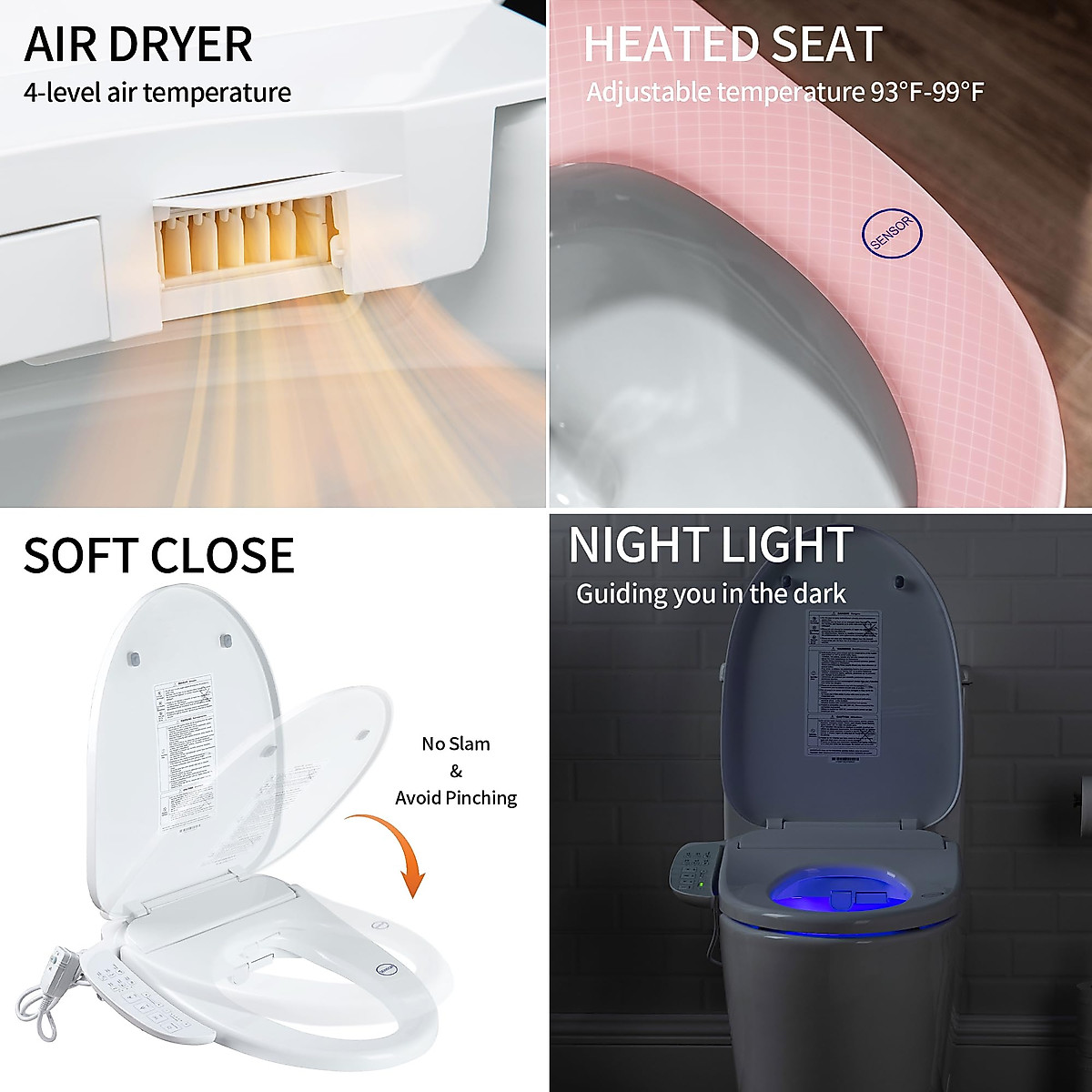 Casta Diva Electric Bidet Seat with Side Panel, Heated Toilet Seat with Bidet, Warm Water, Air Dryer, Nightlight, Fits Elongated Toilets (Elongated with Panel)