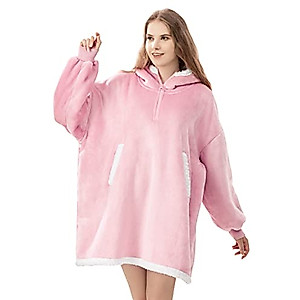 HBlife Oversized Wearable Blanket Hoodie for Adult, Thick Sherpa Sweatshirt with Elastic Sleeves and Giant Pockets Super Warm and Cozy Fuzzy Plush Fleece Blanket Jacket, Pink