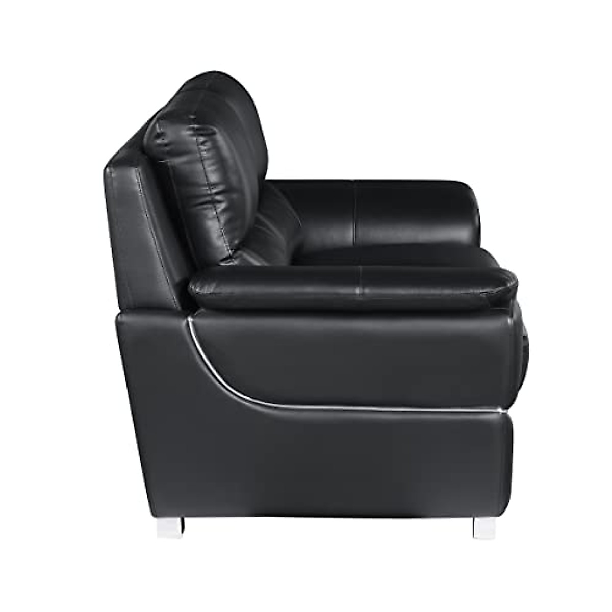 Blackjack Furniture Binion Modern Leather Loveseat for Living Room with Padded Headrests, Stainless Steel Legs & Accent Chrome Trim, Black