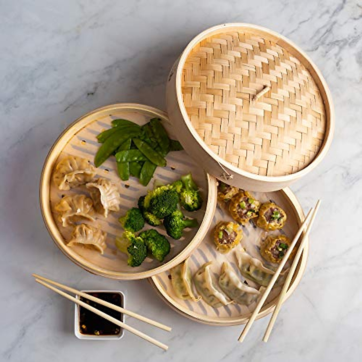 Prime Home Direct Bamboo Steamer Basket 10-inch | 2-Tier Steamer for Cooking | 50 Liners, Chopsticks & Sauce Dish | Dumpling Steamer, Food Steamer Baskets for Cooking - Rice & Vegetable Steamer Pot