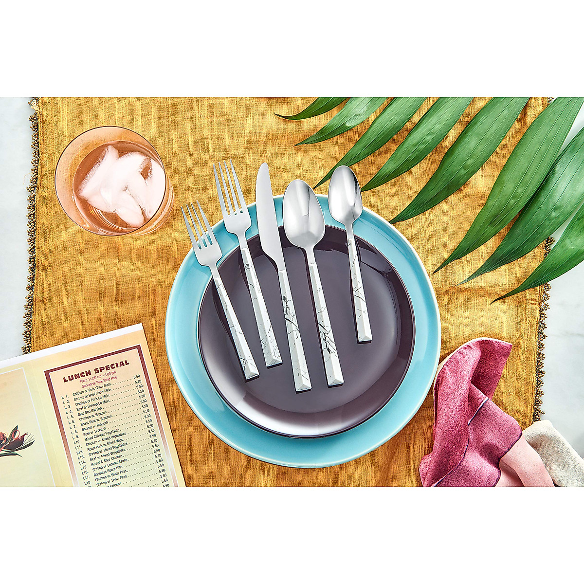 Hamilton Forge Tomodachi by Hampton Forge - Dali Marble – 20 Piece Flatware Set – Service for 4 Silverware set – Stainless Steel – White with Black, Silver