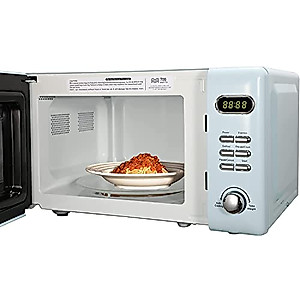 Emerson .7 Cu Ft Retro Digital Microwave Oven, 700W with 5 Micro Power Levels, 8 Pre-Programmed Settings, Express & Defrost, Chrome Handle & Control Buttons, Timer & LED Display, Retro Blue