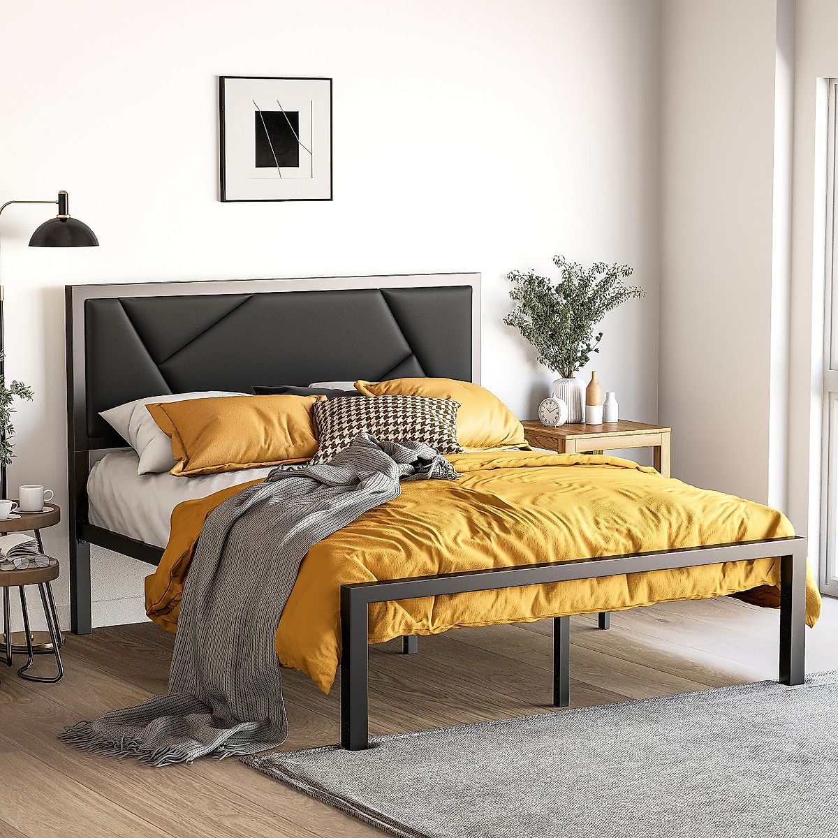 SHA CERLIN Modern Full Size Metal Bed Frame with Litchi Grain Leather Upholstered Headboard, No Box Spring Needed, 12.4" Underbed Storage, Black