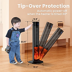 Portable 1500W Space Heater with Fireplace,70° Oscillating PTC Ceramic Tower Heater, 33.5in Adjustable Thermostat Tower Heater,Overheating and Tip-Over Protection Fast Heating,Remote for Indoor