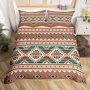 Western Bedding Sets Queen,Aztec Comforter Cover,Exotic Nordic Style Bohemian Duvet Cover Indian Tribe Geometry Ethnic Tribal Arrow Bed Set,Retro Geometric Triangle Diamond Boho Decor,Beige Brown