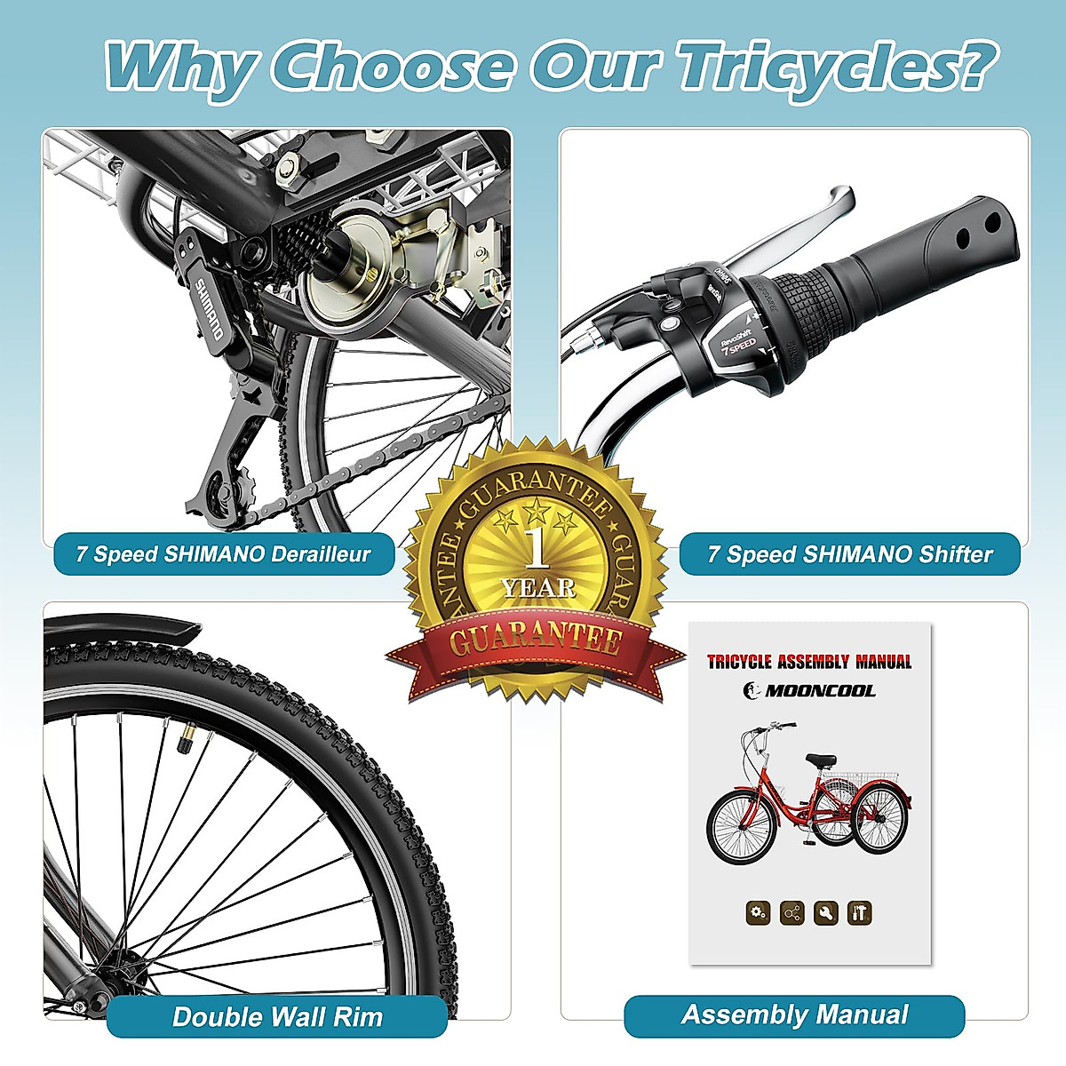 NAIZEA Adult Tricycle, 7 Speed Three Wheel Cruiser Bike, 20/24/26 inch Adult Trikes 3 Wheel Bikes with Large Basket for Seniors, Adults, Women, Men, Multiple Colors