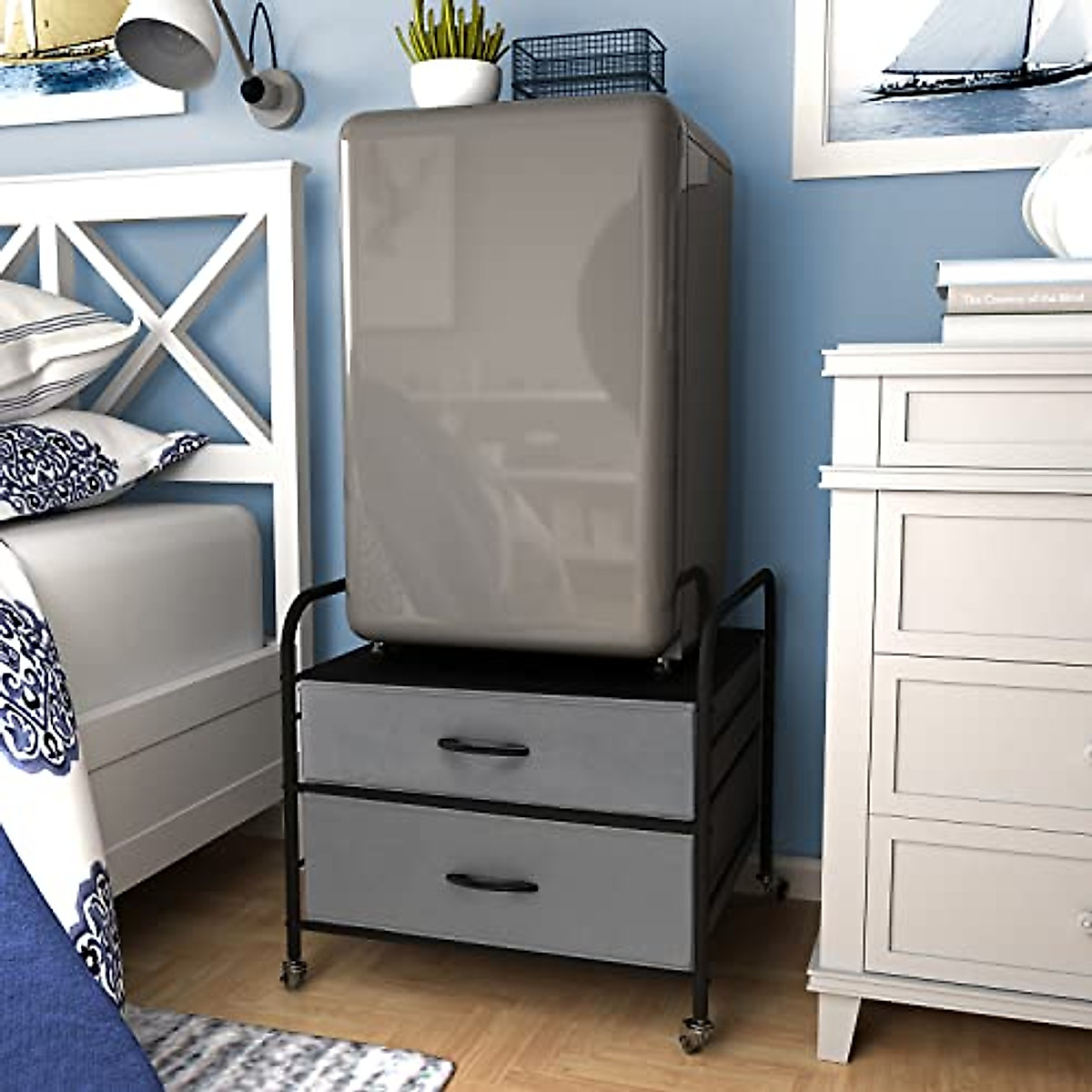 Mini Fridge Stand with Storage, KOZIDO 2-Tier Drawer Organization Rolling Cart for Mini Fridge, Dorm Fridge Stand with Grey Drawers, Metal Frame, Swivel Wheels