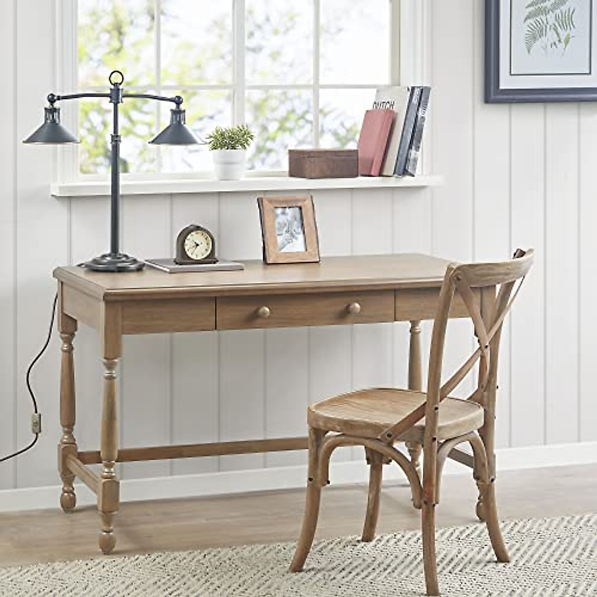 MARTHA STEWART Tabitha Solid Wood Writing Table with Metal Glides Drawer for Storage Living Room Furniture, Home Office Small Computer Desk, Turned Legs, 47.5" W x 23" D x 29" H, Natural