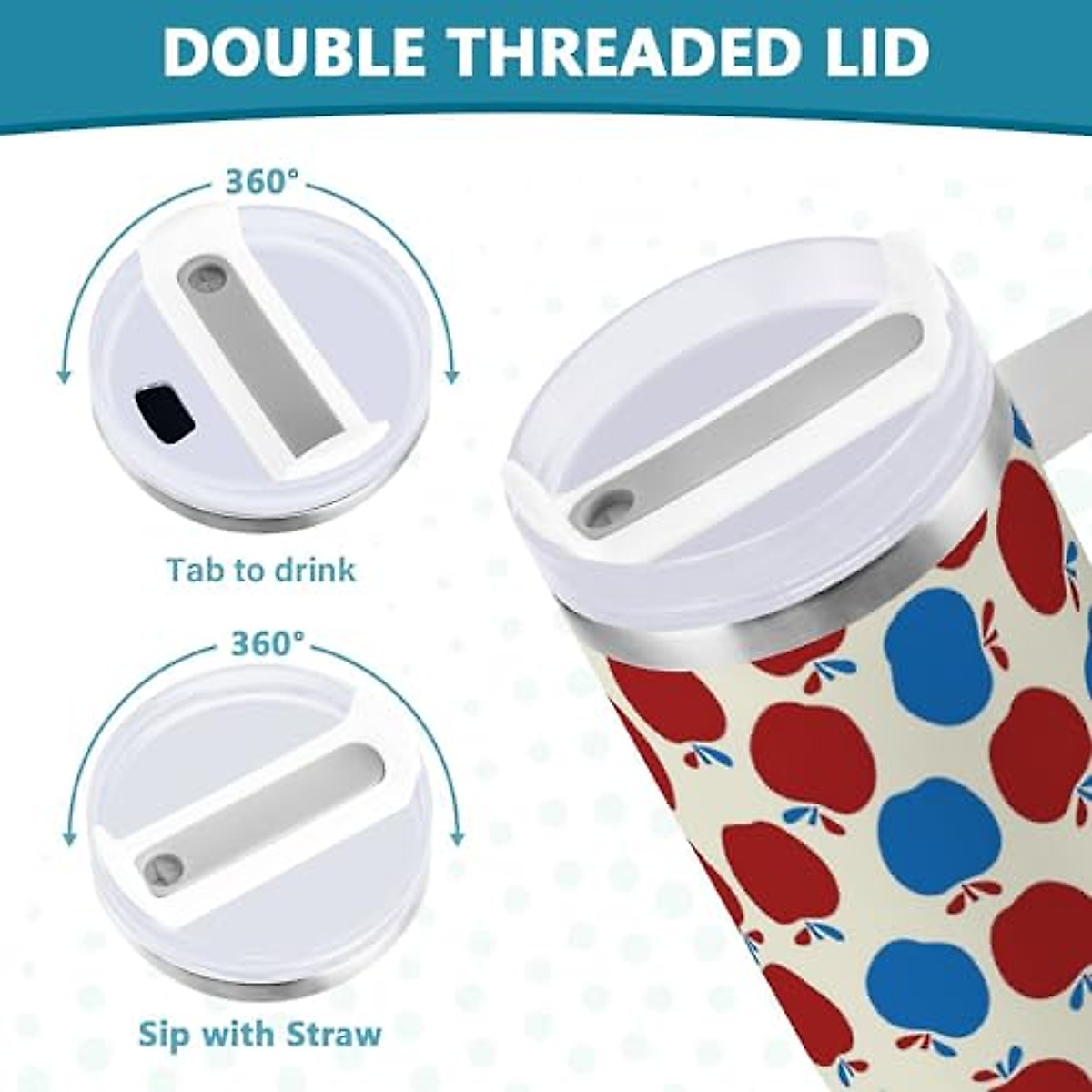 Wfrish Tumbler with Handle and Straw Lid,Red Blue Apple Print 40 oz Insulated Coffee Cup Stainless Steel Fruit Water Bottle Travel Mug Cupholder Friendly,Gifts for Women Men