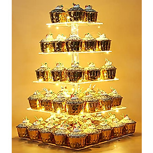 Vdomus 5-Tier Acrylic Cup Cake Stand Display Tower with LED String Lights, Dessert Tree Tower Display Tiered Cupcake Stand Holder Platter for Birthday Wedding Party Celebration, Warm