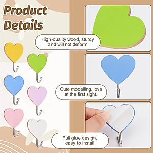 MOROBOR Wood Heart-Shaped Self-Adhesive Hooks, 6pcs Strong Self-Adhesive Wall Hooks for Bathroom Kitchen Office/Mixed Color