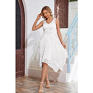 Meetjen White Wedding Dress for Bride Lace Cocktail Dress Asymmetrical Dresses Elegant Floral Lace Sleeveless Handkerchief Hem Party V-Neck Dress White XL