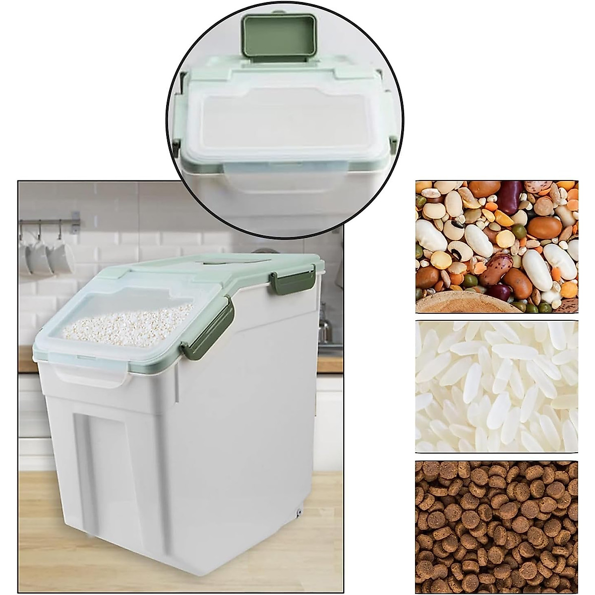 YXQ 25LB Large Flour Storage Container Bin,4 Pack Airtight Plastic with Wheels Seal Locking Lid Dispenser Organizer Storage Bin with Measuring Cup & Scoop for Flour, Rice, Grain 100LBS Total，Green