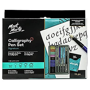 Mont Marte Calligraphy Set, 32 Piece. Includes Calligraphy Pens, Calligraphy Nibs, Ink Cartridges, Introduction Booklet and Exercise Booklet, Packaging May Vary