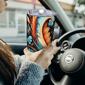 AYCZN Ethnic Feather 20 OZ Tumbler Stainless Steel Travel Coffee Mug, Vintage Flower Floral Insulated Water Bottle with Lid and 2 StrawsLeakproof Thermal Cup
