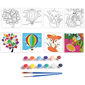 Aosemili Acrylic Paint Set for Kids - 4 Pre-Stenciled Painting Canvas Panels 8 x 8 inches with 12 Paints 2 Brushes for Girls Boys and Beginners