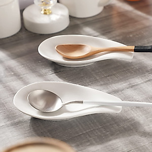 ONTUBE Ceramic Spoon Rests for Buffet Set of 4, Porcelain Sauce Dish Resting Cooking Spoons Holder, 6.5 Inch (White)