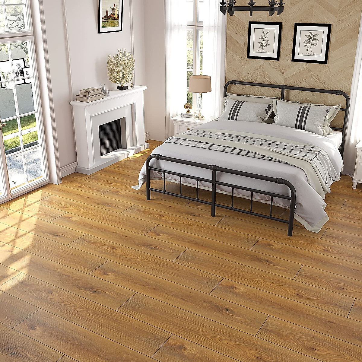 VEELIKE Natural Brown Wood Grain Peel and Stick Floor Tile Wood Vinyl Flooring 6''x36'' Self Adhesive Waterproof Vinyl Plank Flooring Removable Vinyl Sticky Tile for Bathroom Kitchen(4-Pack, 6 Sq. Ft)