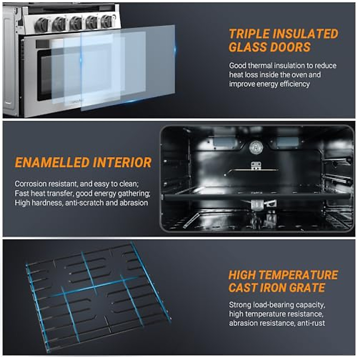 AMZCHEF RV Gas Range 17 Inches Tall, 1.24 Cu.Ft Propane Range Oven with 3 Burners Stove for RV, Apartment, Mobile Home, Stainless Steel.