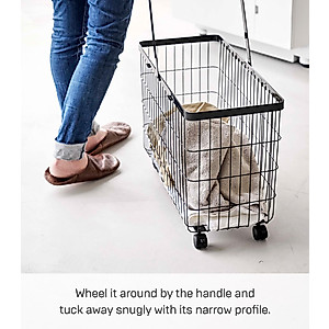 YAMAZAKI Home Small Rolling Laundry Basket Metal Hamper Cart with Wheels and Handle | Steel, One Size, Black