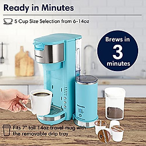 Single Serve Coffee Maker with Milk Frother, 2-In-1 Cappuccino Coffee Machine for K Cup Pod and Ground Coffee, Single Cup Brewer Compact Latte Maker with 30 oz Removable Tank, Blue
