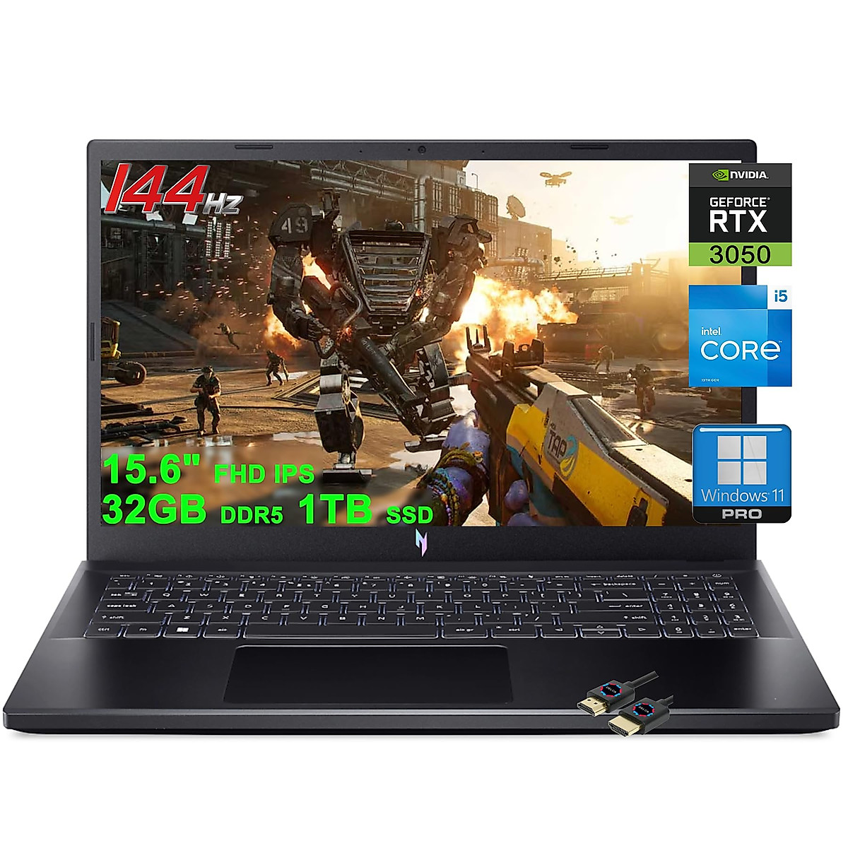 acer Nitro 5 Gaming Laptop | 15.6" FHD IPS 144Hz | Intel 8-Core i5-13420H (>i7-12650H) | 32GB DDR5 1TB SSD | GeForce RTX 3050 6GB Graphic | Backlit Thunderbolt Win11Pro Black + HDMI Cable