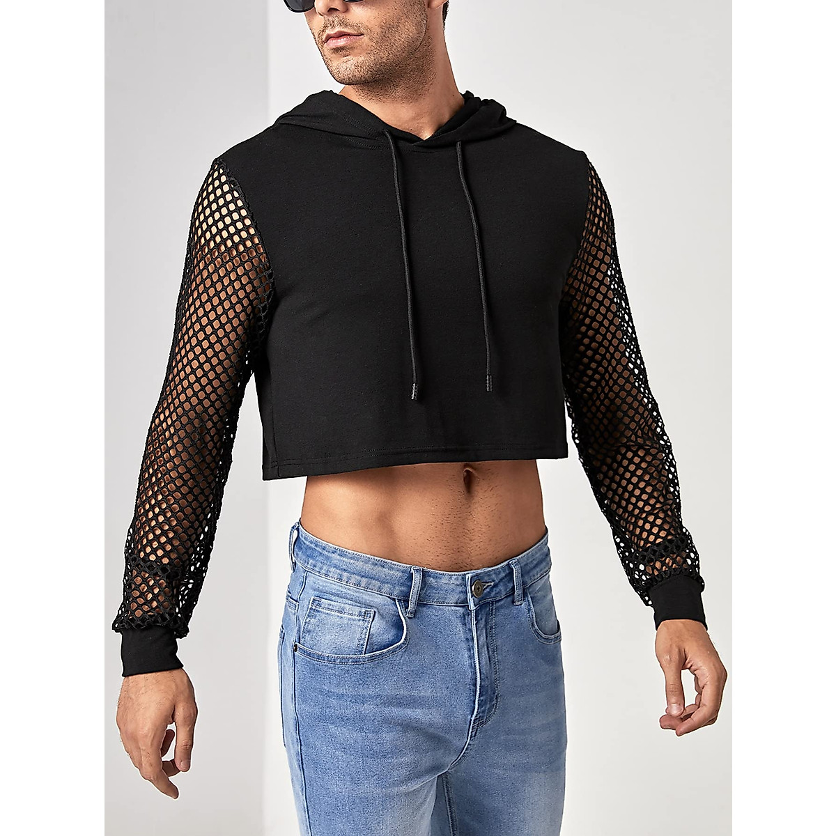 WDIRARA Men's Fishnet Mesh Long Sleeve Drawstring Crop Hoodie Sweatshirt Pullover Black M