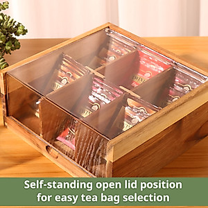 Acacia Wood Tea Bag Organizer Storage, Gift Box 6 Compartments Tea Chest Box with Acrylic Transparent Hinged Lid By HTB