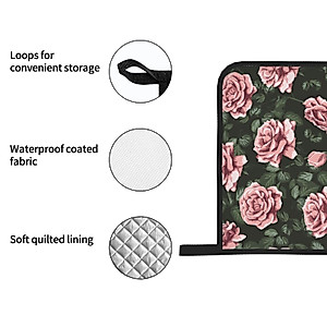 Oven Mitts and Pot Holders Sets 4 Piece, Pink Rose Flower Green Leaves Oven Gloves Heat Resistant Non-Slip for Kitchen Cooking Grilling Baking
