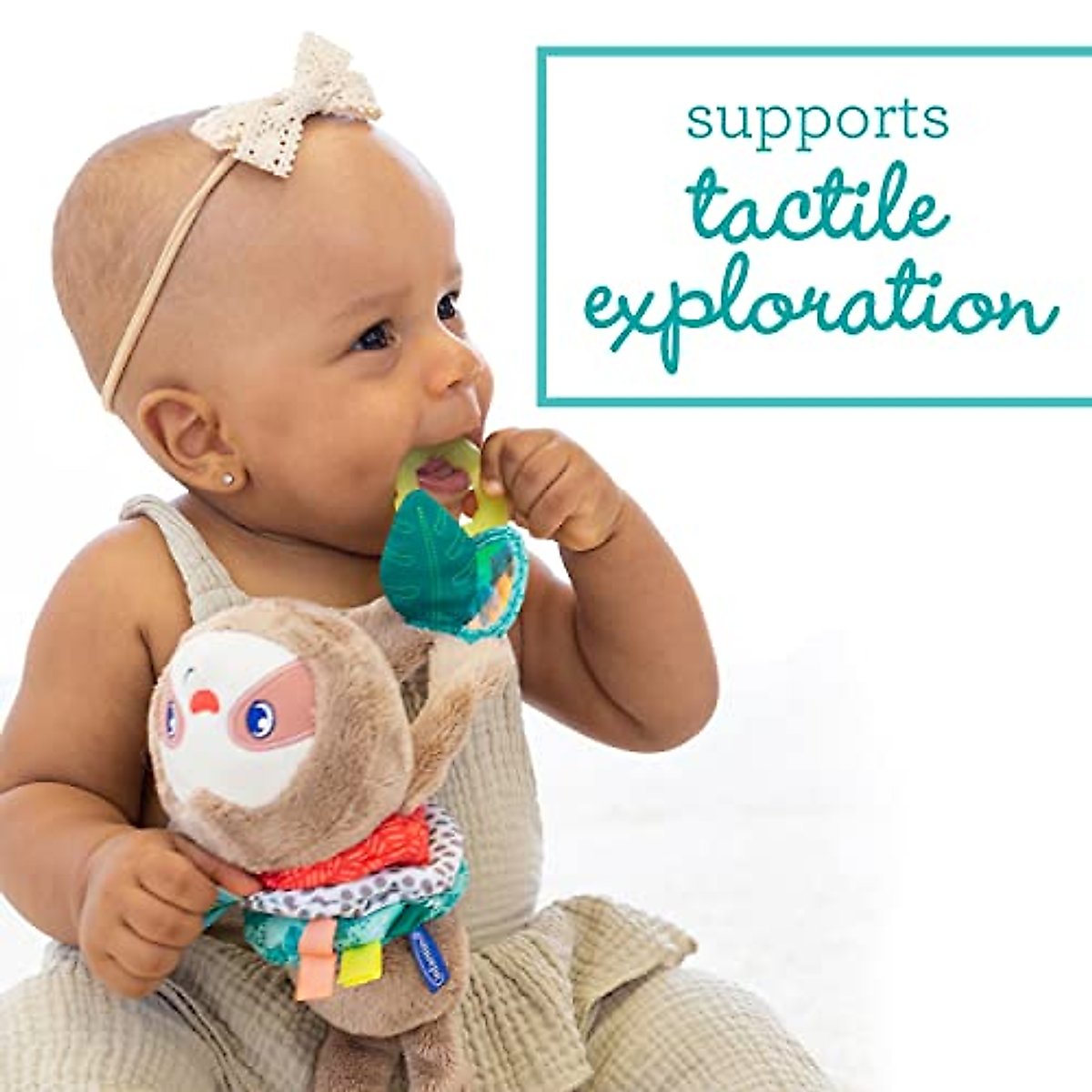 Infantino Music & Motion Pulldown Sloth - Musical Plush Sloth with Multi-Textured teether for Tactile Exploration, Easily attaches to Strollers and Gyms, BPA-Free