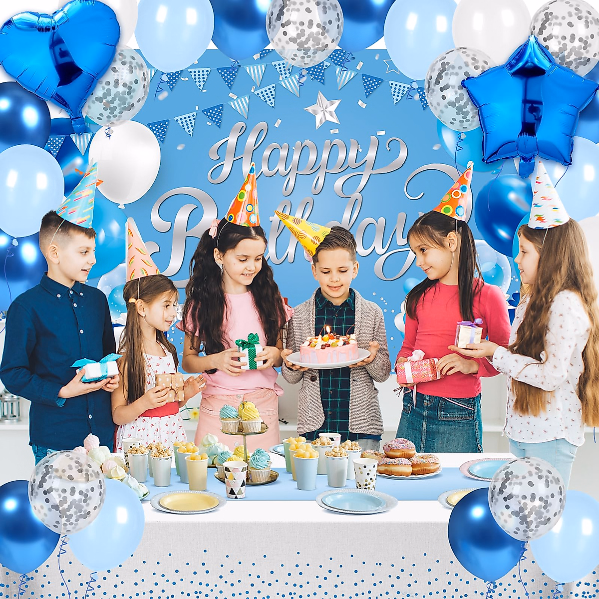 Light Blue Birthday Party Decorations Light Blue Birthday Backdrop Banner Light Blue Birthday Decorations with Heart Star Foil Balloons Tablecloth Party Supplies for Boys Girls Birthday Baby Shower