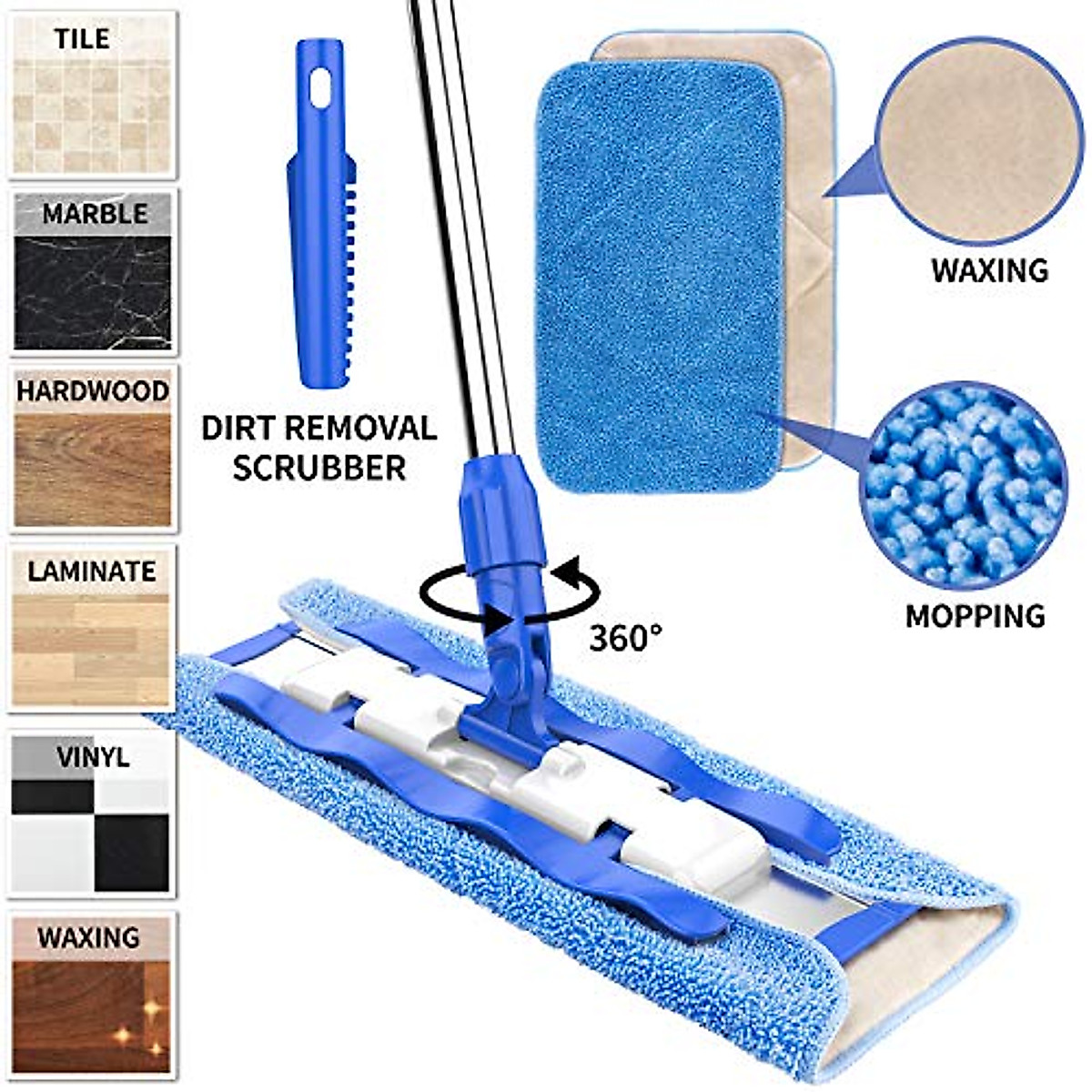 MR.SIGA Professional Microfiber Mop for Hardwood, Laminate, Tile Floor Cleaning, Stainless Steel Handle - 3 Reusable Flat Mop Pads and 1 Dirt Removal Scrubber Included