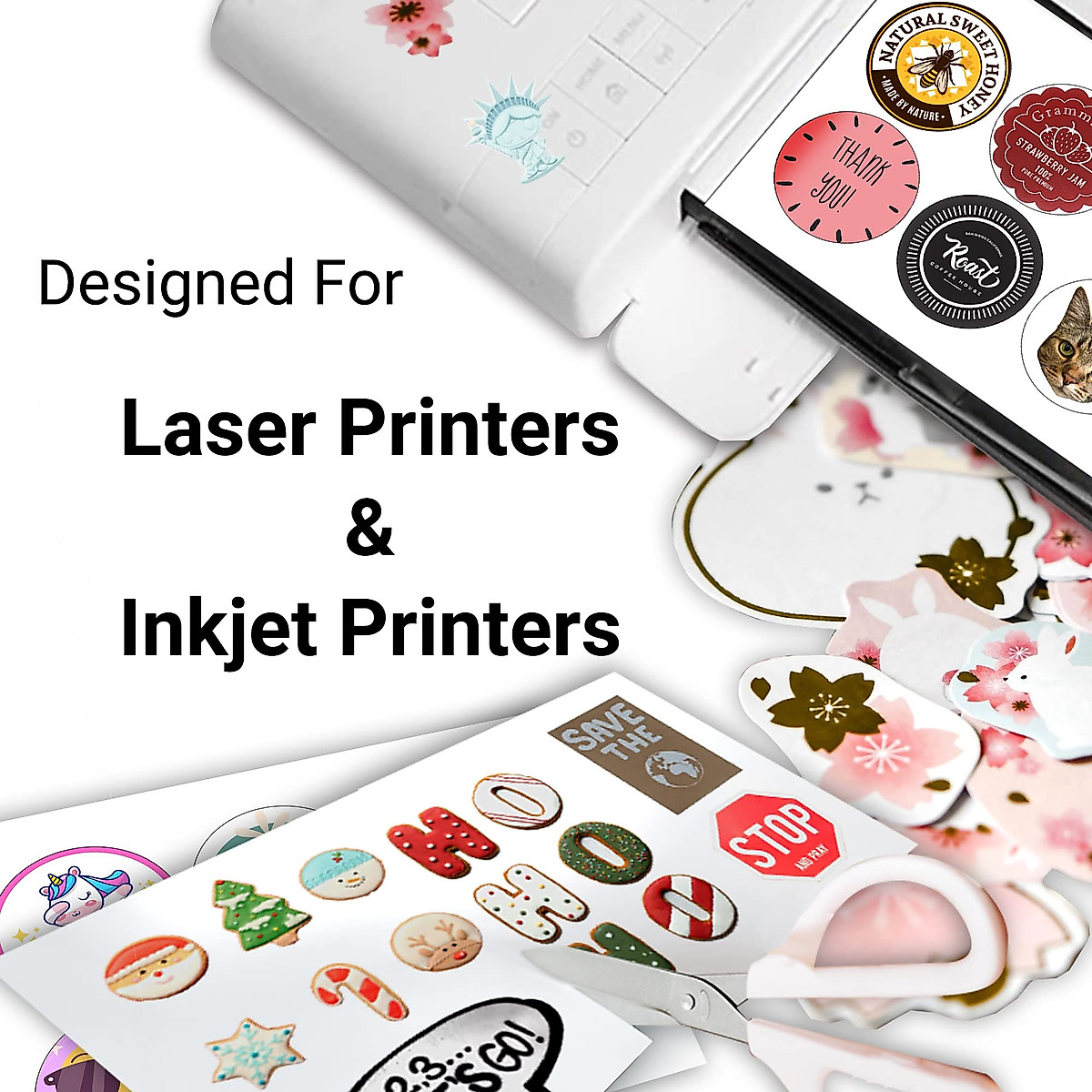 akaca Sticker Paper, 8.5x11, Printable Vinyl Self Adhesive Paper 30 Sheets, Matte White Waterproof Tear Resistant for Laser & Inkjet Printer, 216 x 279 mm