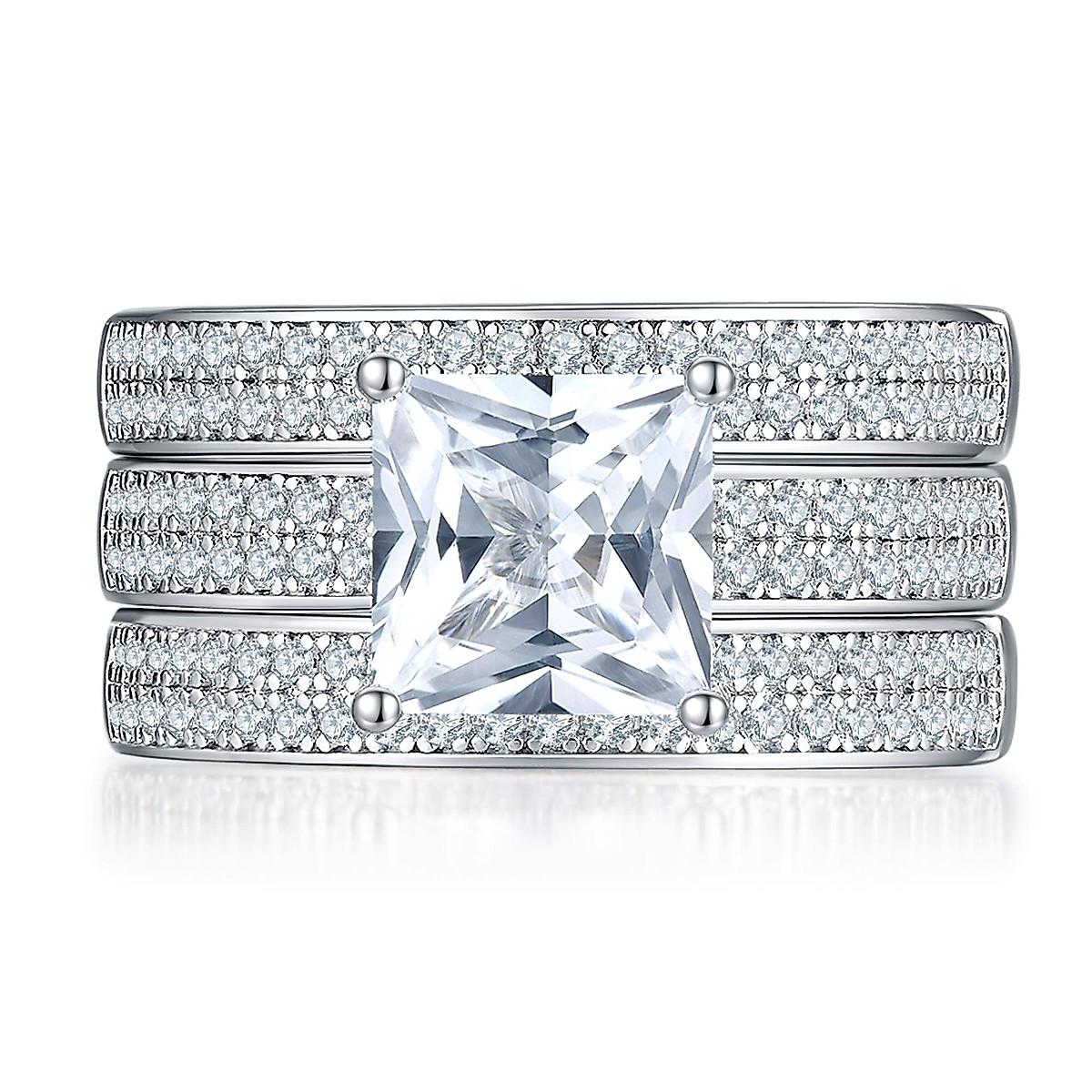 Bijou Queen Engagement Rings Set for Women, Sterling Silver Sapphire Promise Rings for Her, Hypoallergenic Excellent Cut Wedding Ring Bridal Sets Anniversary Birthday Gift for Women