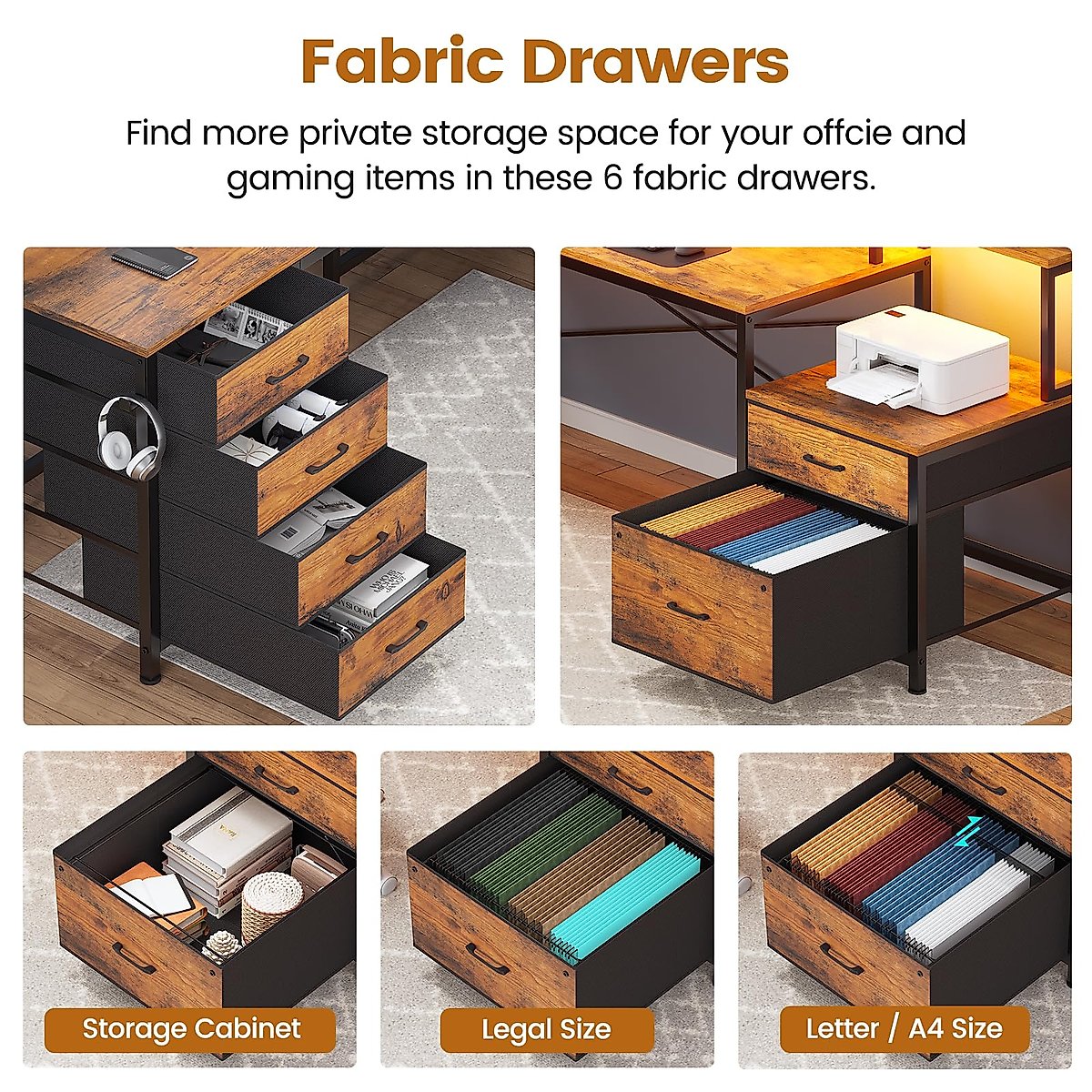 SEDETA L Shaped Desk with 6 Drawer, 108" Home Office Desk with File Drawer & Power Outlet, Corner Computer Desk with Monitor Shelf, Two Person Desk, Gaming Desk with Led Lights, Rustic Brown
