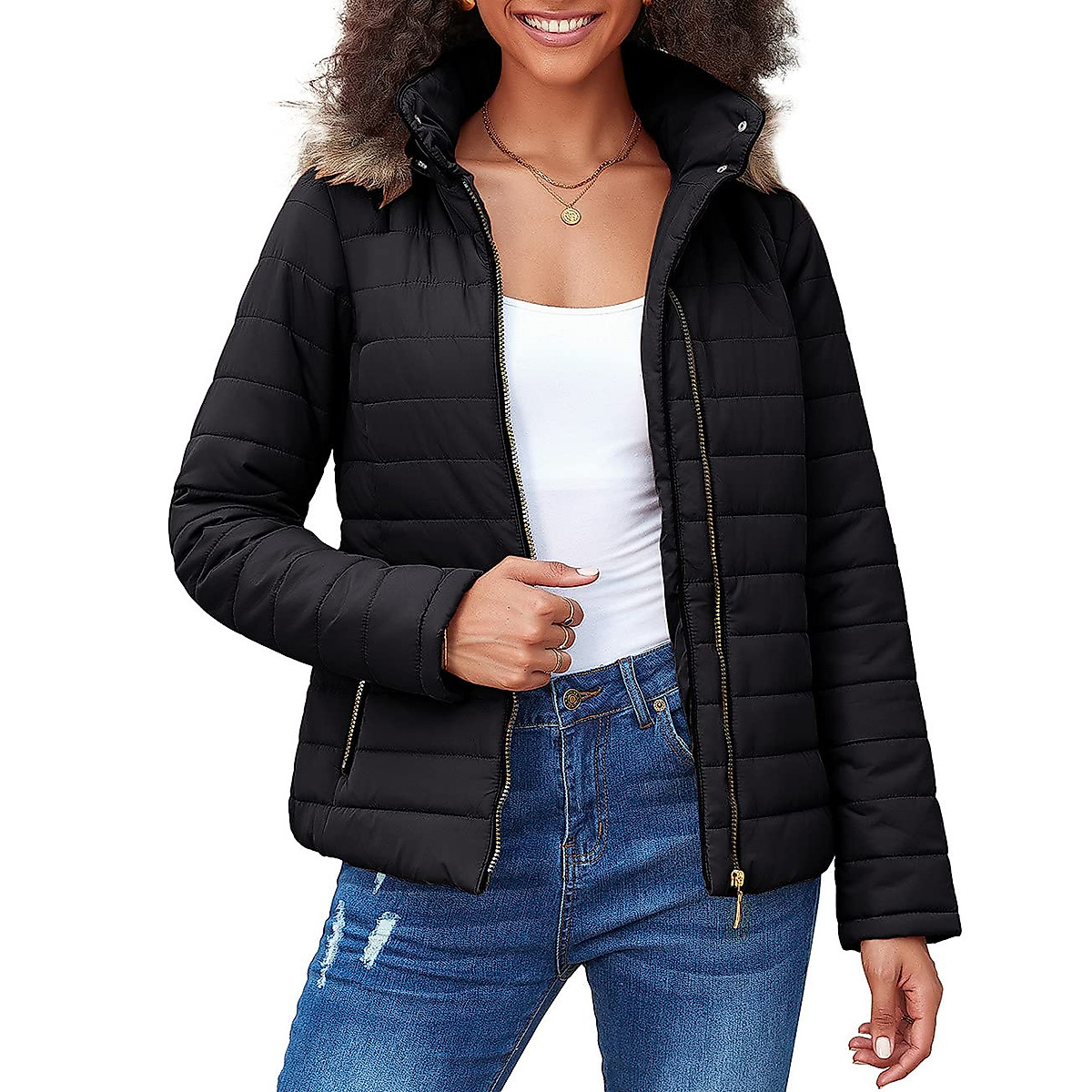 Vetinee Women Winter Jackets Jacket For Women Black Puffy Jacket Women Puffer Jacket Womens Womens Warm Coat Black Size Large Size 12 Size 14